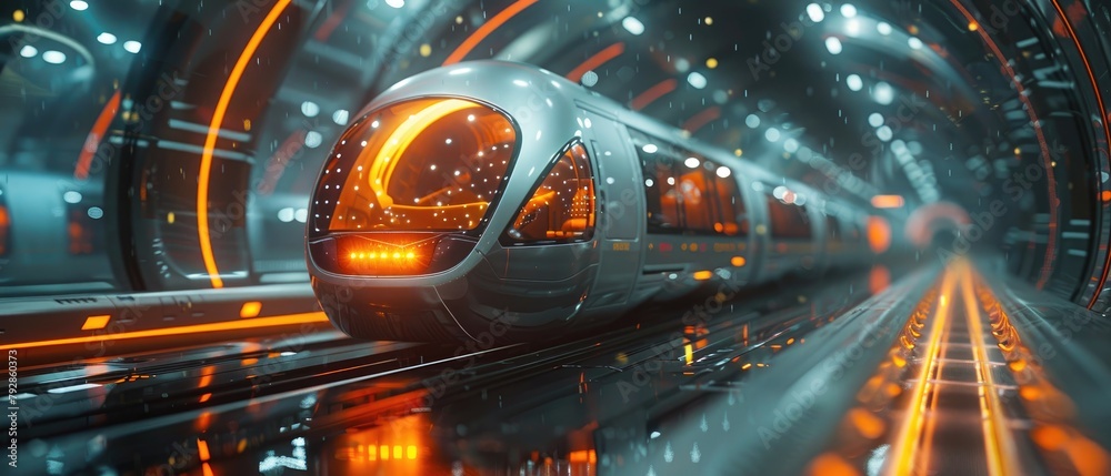 Futuristic transit system with electric maglev trains running through ...
