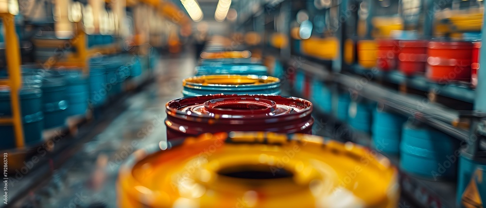 Metal products are powder coated in a factory using spray guns. Concept ...