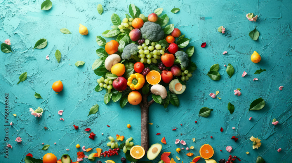 Colorful tree made from assorted fruits and vegetables on vibrant blue ...