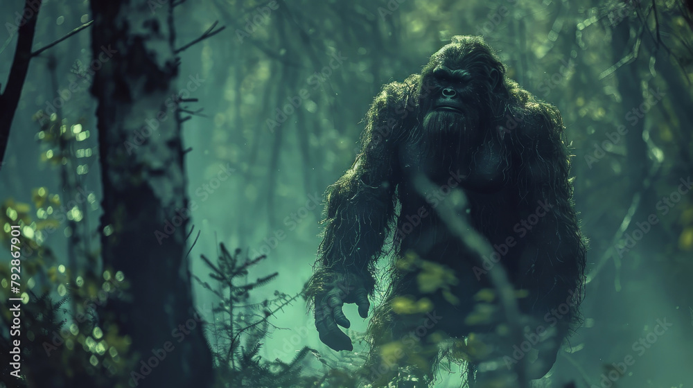 Captivating image of Bigfoot lurking in misty forest with eerie ambiance Stock Photo | Adobe Stock