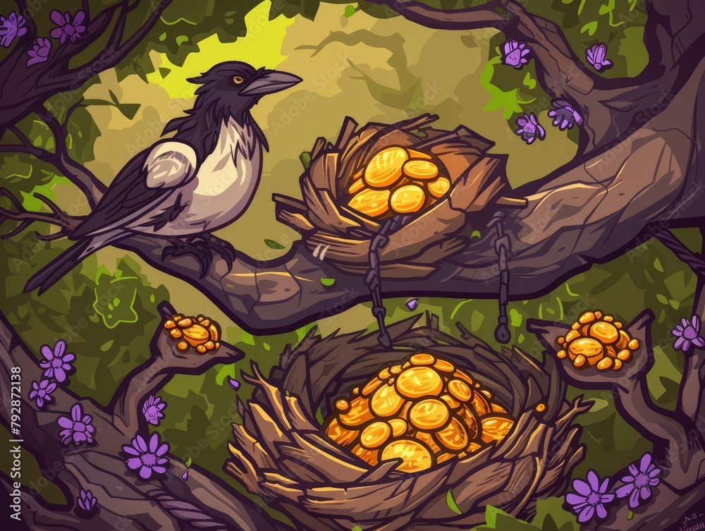 A magpie, its black and white feathers shimmering, built a nest ...