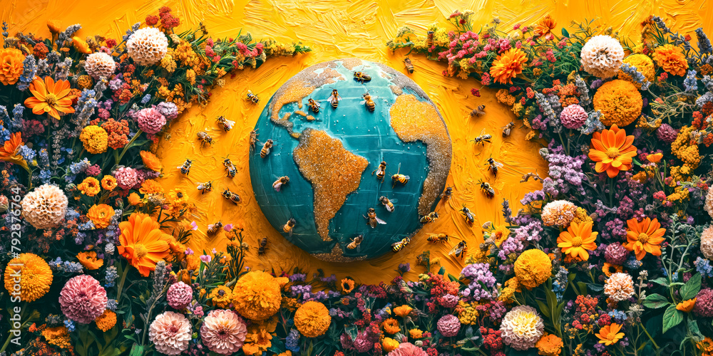 Bees around a floral globe, symbolizing global biodiversity and the ...