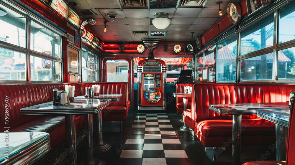 Classic American Diner Interior with Red Booths and Vintage Jukebox ...