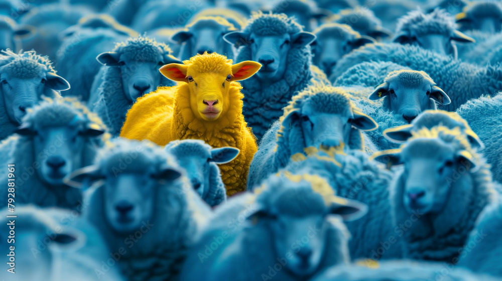 A vibrant yellow sheep stands out in a crowd of identical blue sheep ...