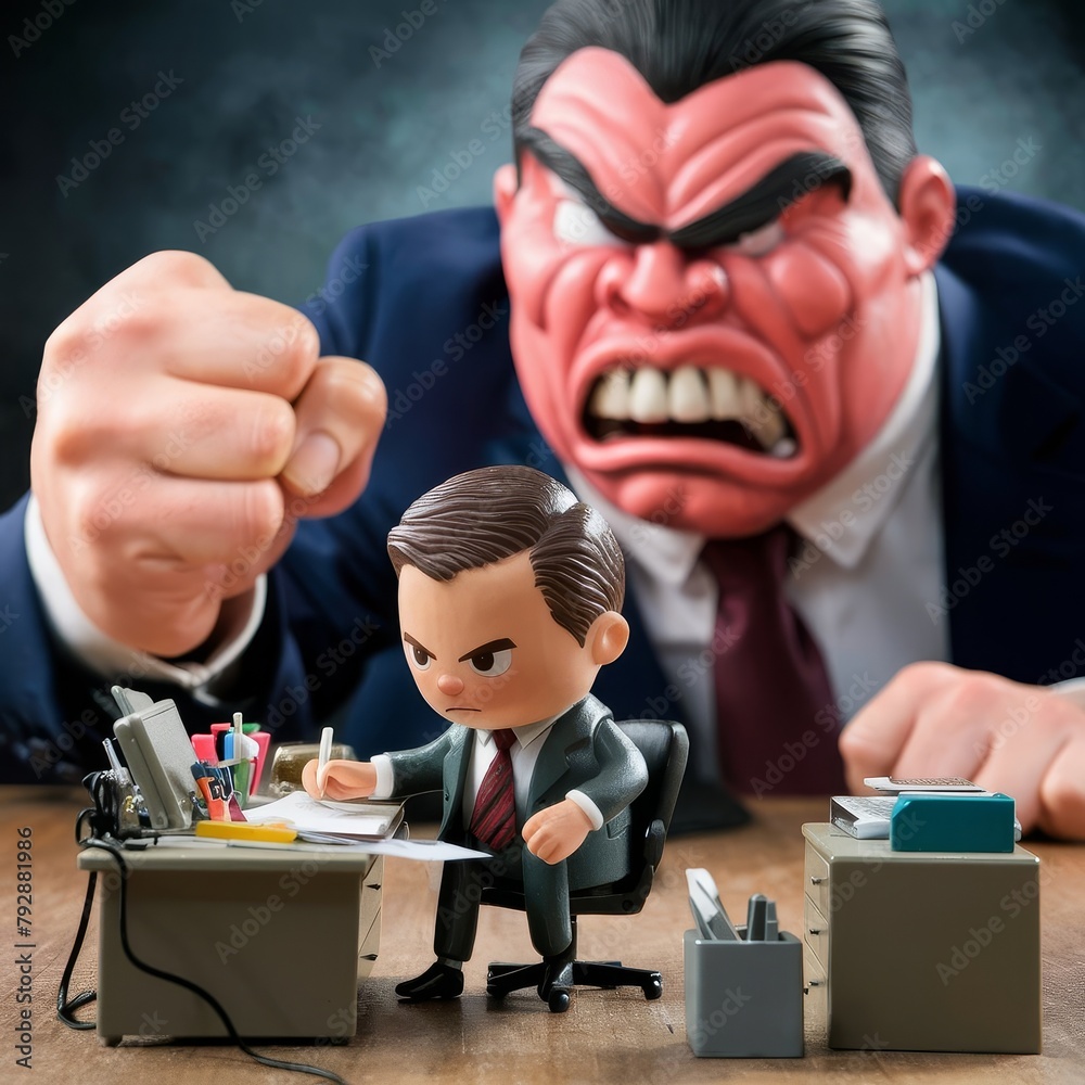 Angry aggressive boss yelling at office worker, illustrative puppet ...