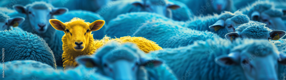 A vibrant yellow sheep stands out in a crowd of identical blue sheep ...