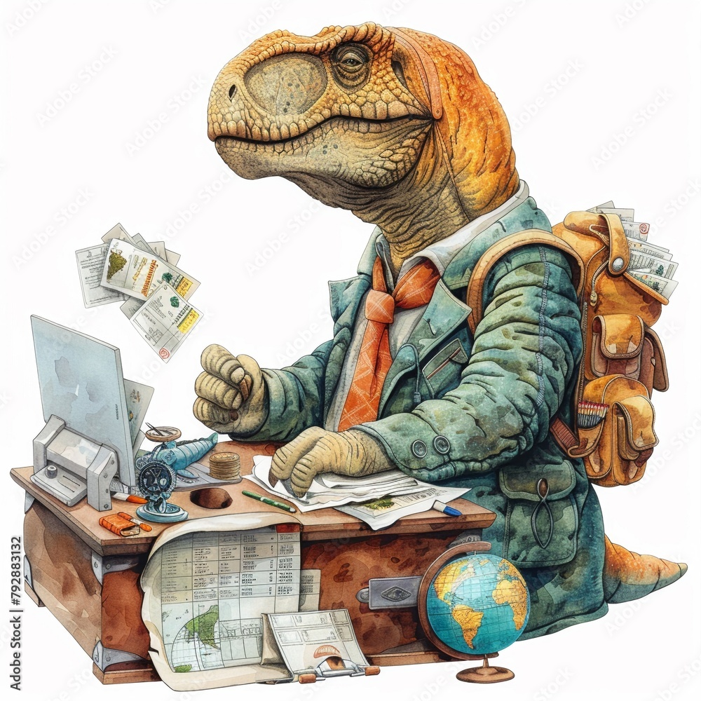 Dinosaur travel agent at a desk with globes and tickets, colorfully ...