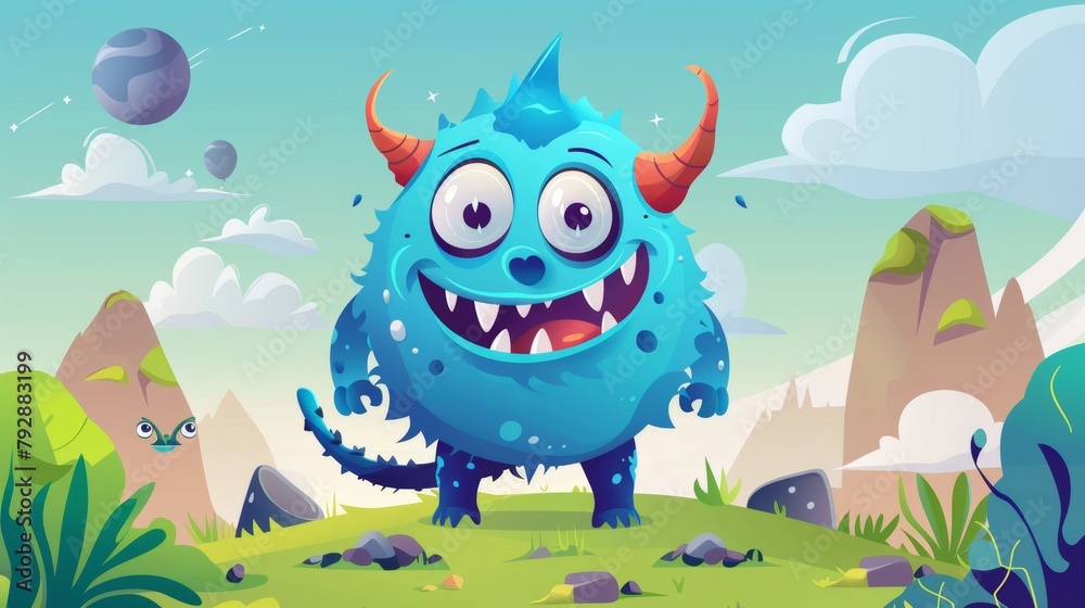 A funny alien monster cartoon character in a fantasy landscape with ...