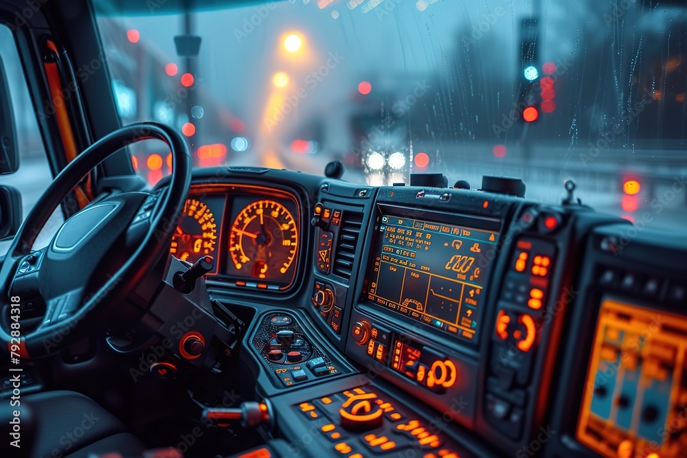 An intricately detailed dashboard of a semi-truck, with an array of ...