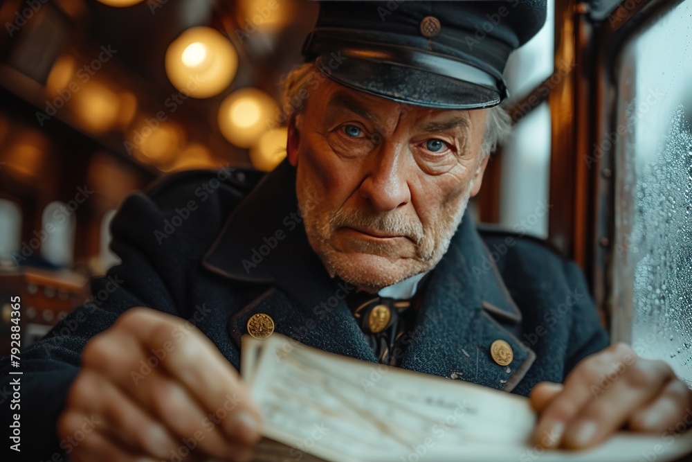 An old-fashioned ticket conductor in a vintage uniform punching tickets ...