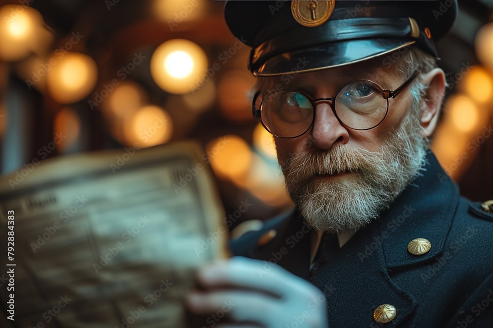 An old-fashioned ticket conductor in a vintage uniform punching tickets ...