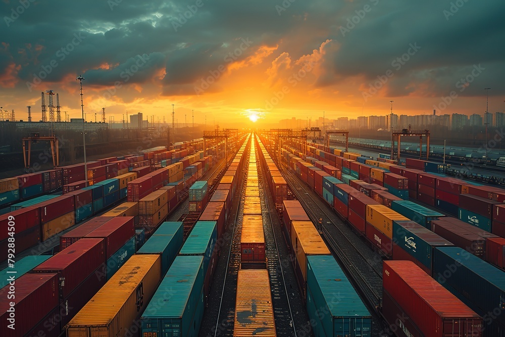 Freight Train Yard Yard filled with cargo containers and freight trains ...