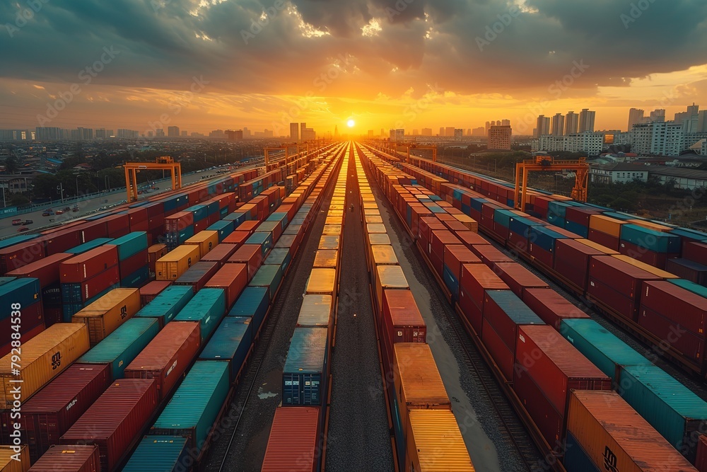 Freight Train Yard Yard filled with cargo containers and freight trains ...