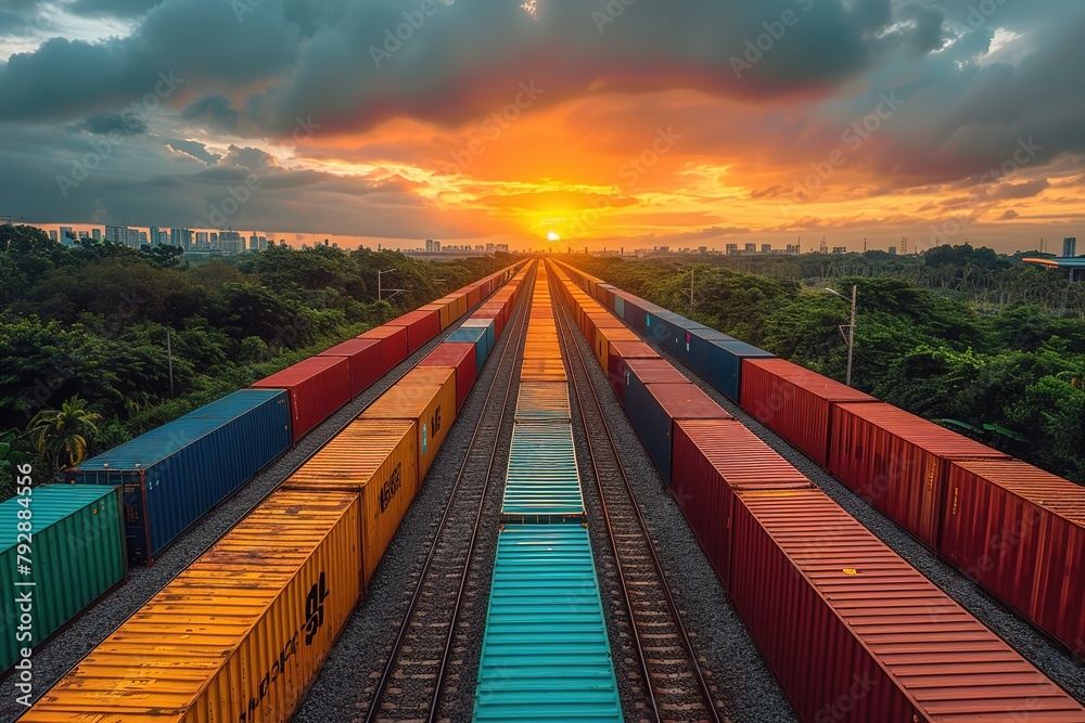 Freight Train Yard Yard filled with cargo containers and freight trains ...