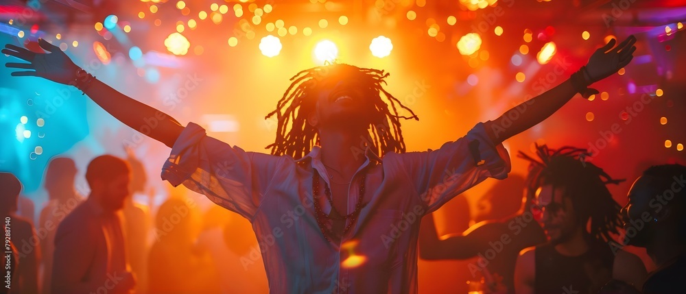 Person with dreadlocks dances joyfully in a lively club surrounded by ...
