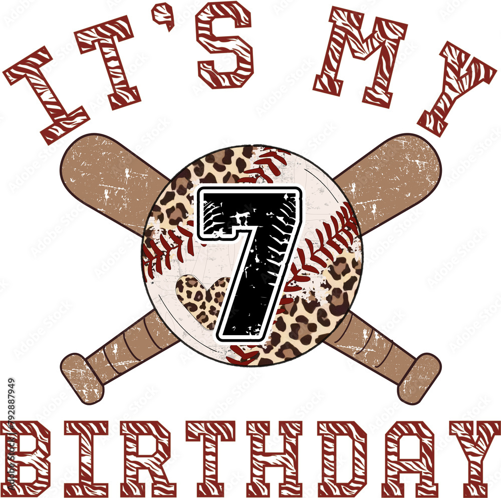 "Baseball 7th Birthday Leopard Print Design" Celebratory "It's My 2nd ...