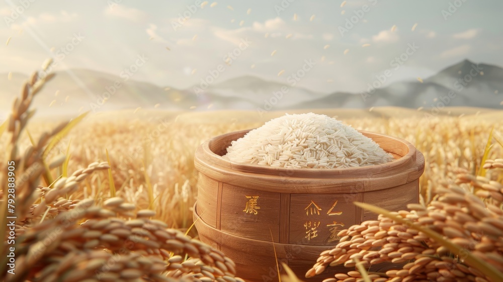 Rice product advertisement template. 3D mockup of steamed rice in ...