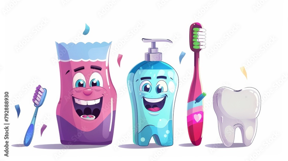 An animated cartoon character wearing a mouthwash bottle, toothbrush ...