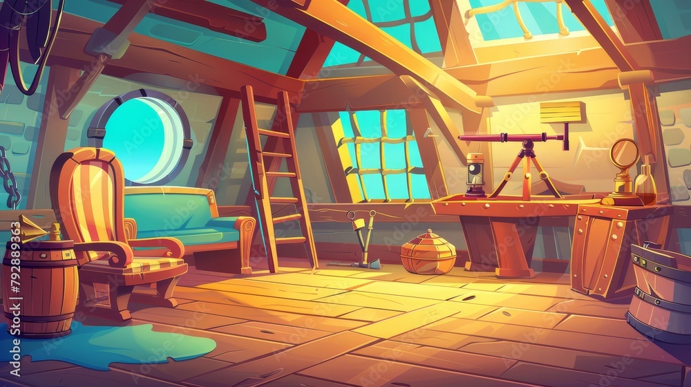This modern cartoon illustration shows a pirate ship cabin interior ...