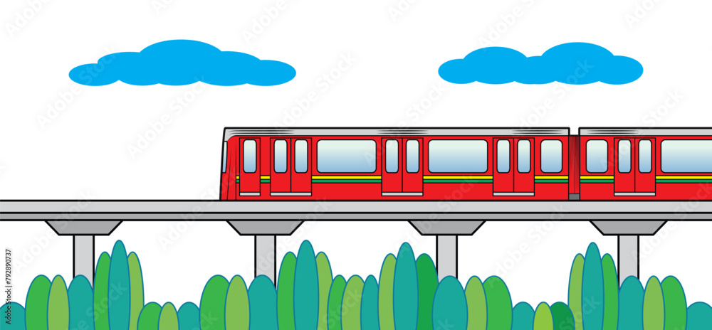 Red overhead railway train or skytrain with yellow green strips drawing ...