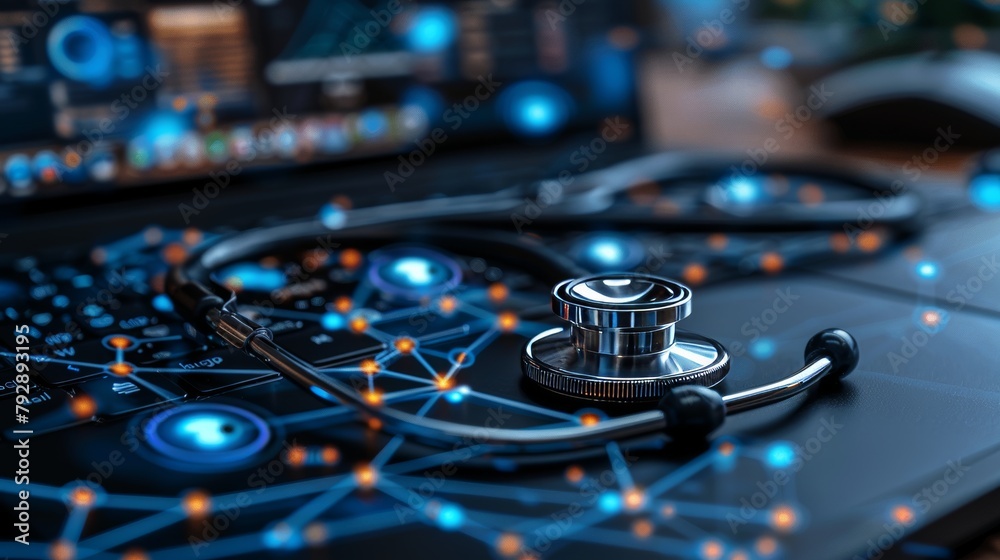 Medic holding stethoscope with health icons flowing from laptop ...