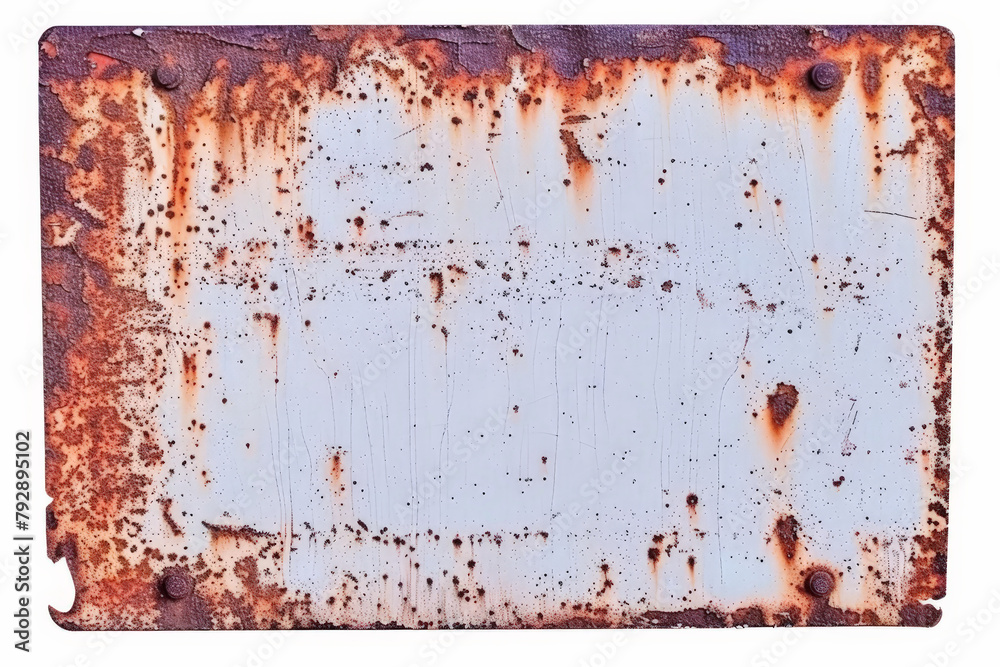 Rusty metal sign with a white background and a brown border. Suitable ...