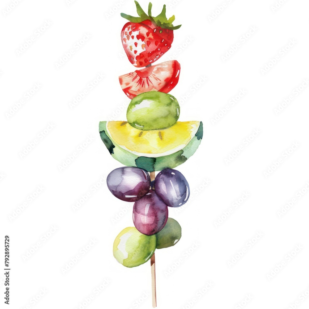 Lively watercolor clipart of a fruit kabob with strawberries grapes ...