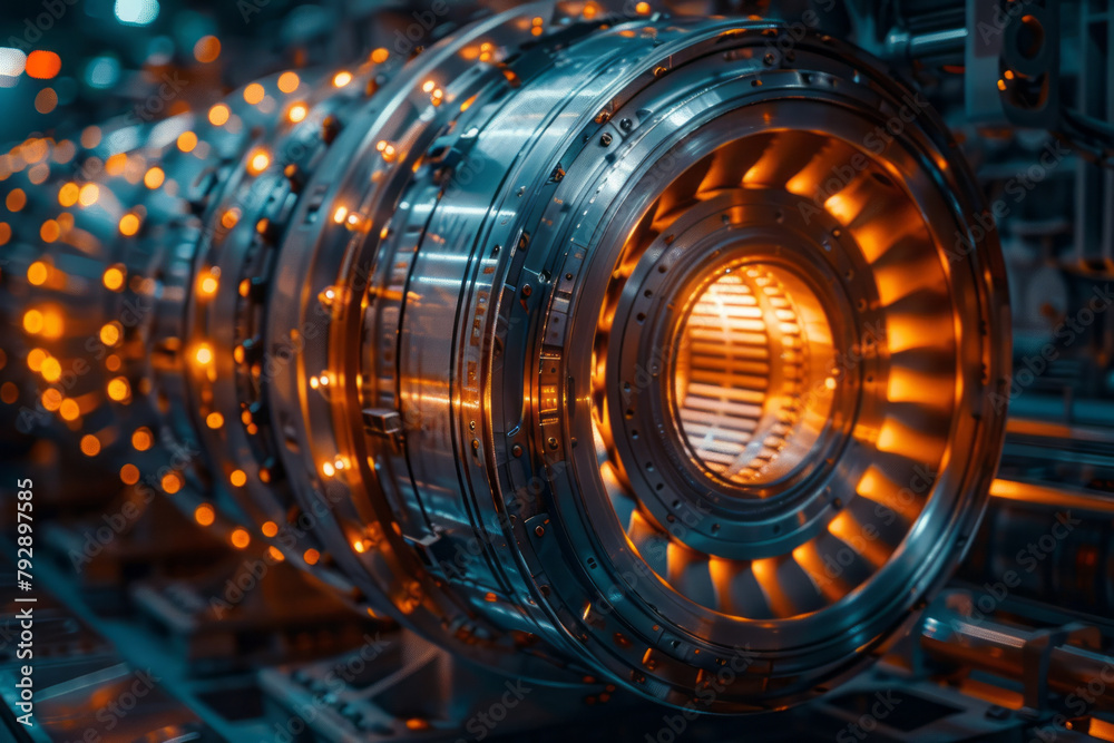 A photograph of a power plant turbine with visual effects showing the ...