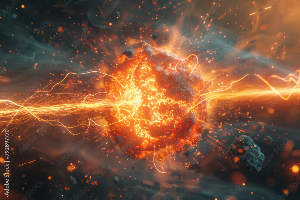 A scene visualizing electron capture, where an atom nucleus absorbs an ...