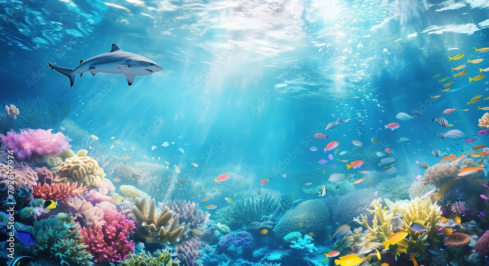 Underwater scene with colorful coral reefs, various fish and sea ...