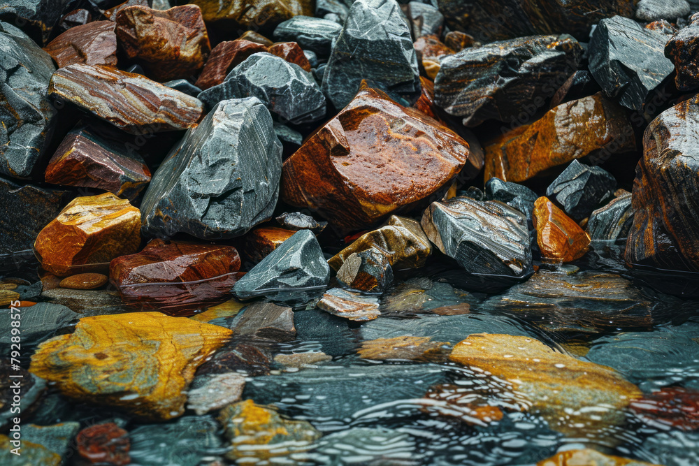 A scene depicting the chemical weathering of rocks in a river, with ...