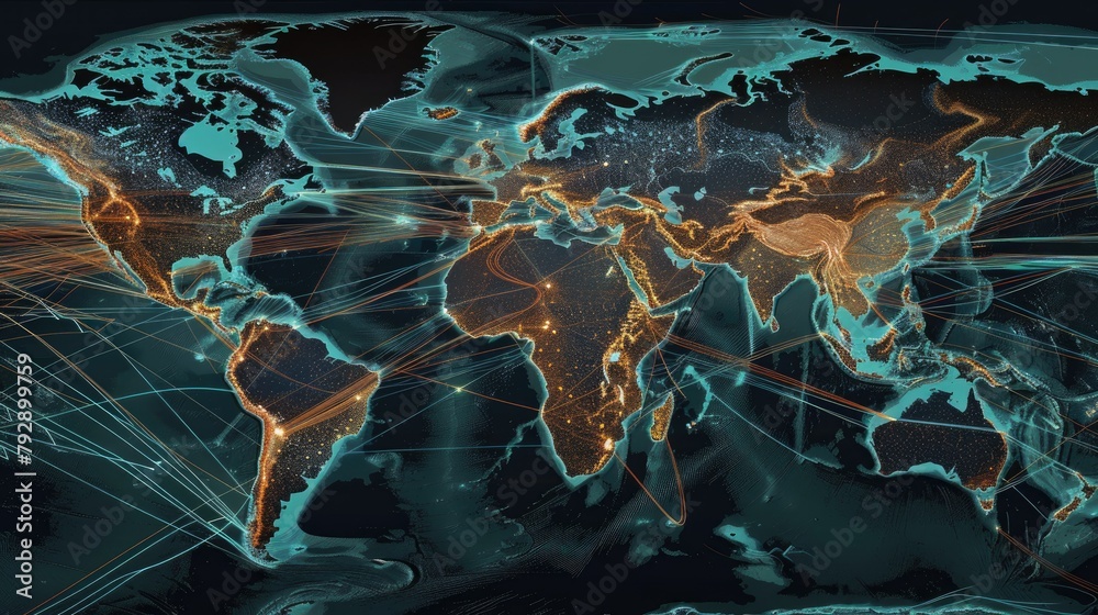 Visualize a world map intricately connected with logistics routes ...