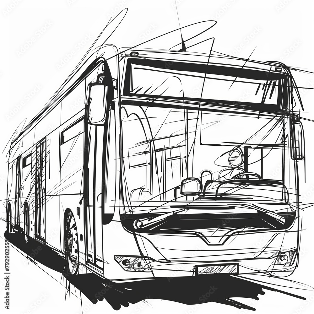 Urban bus in hand drawn, handwritten style on white background ...