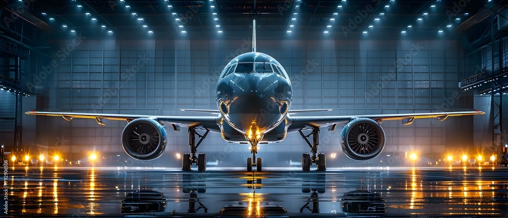 Passenger plane undergoing maintenance in hangar with front view of ...