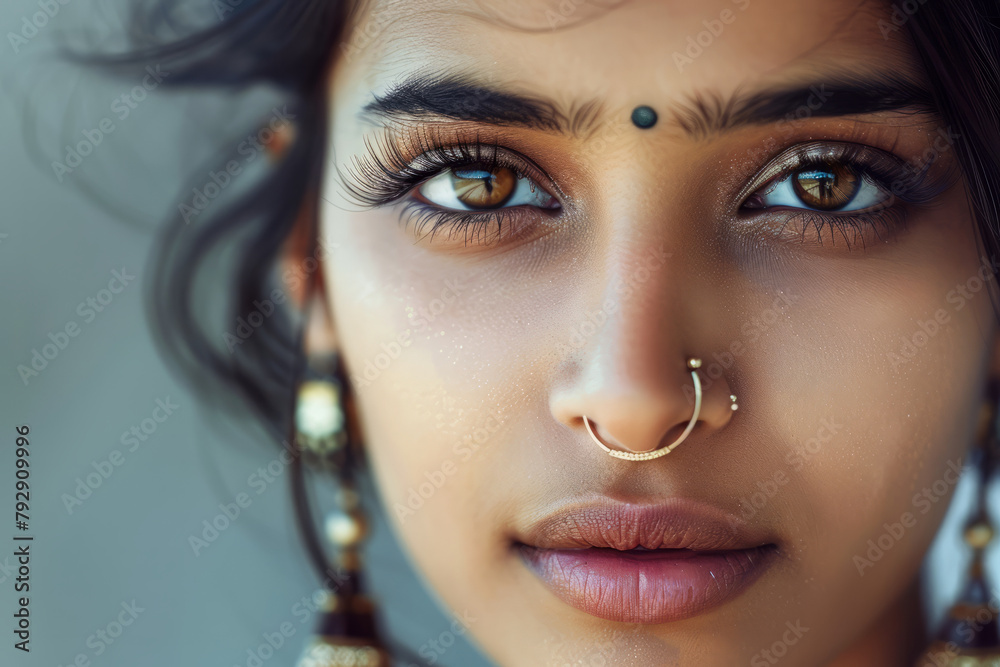 A young Indian woman with smooth, clean facial skin poses for a cropped ...