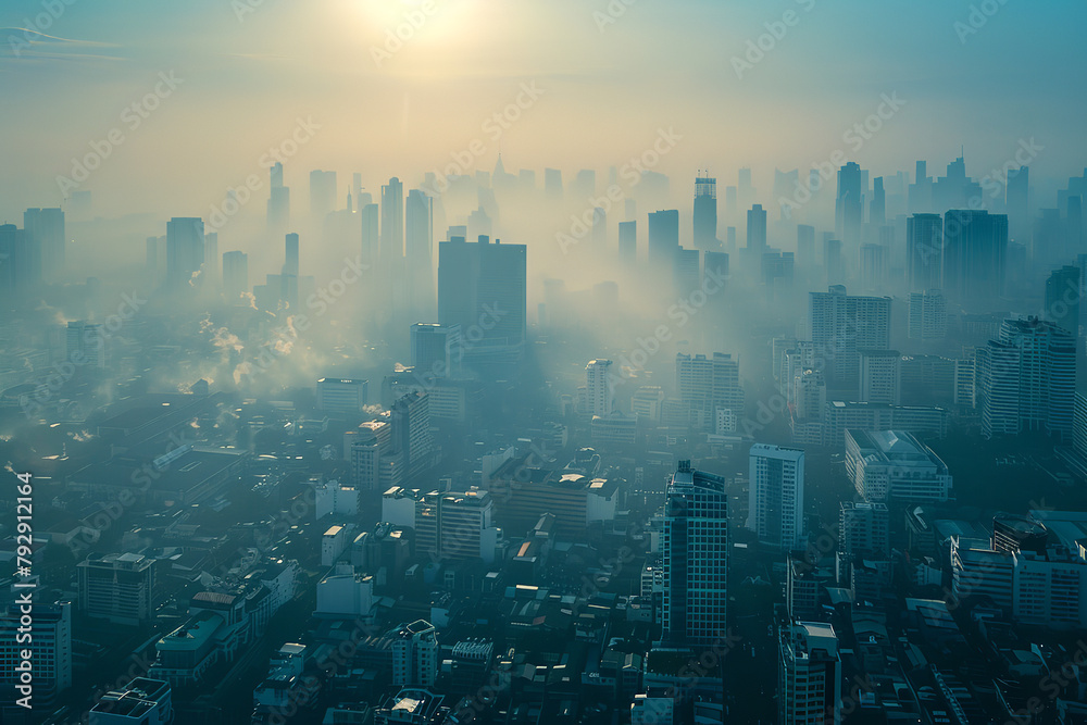 Smog envelops a cityscape - casting a haze over buildings and streets - reducing visibility and ...