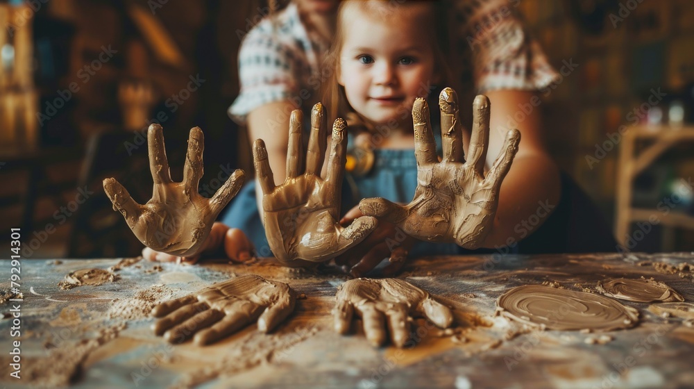 Mother and her kids making handprints in clay, capturing a moment in ...