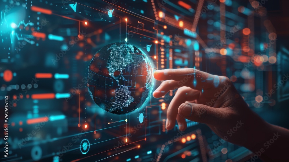 An icon interface for big data with a world and globe icon and a modern ...