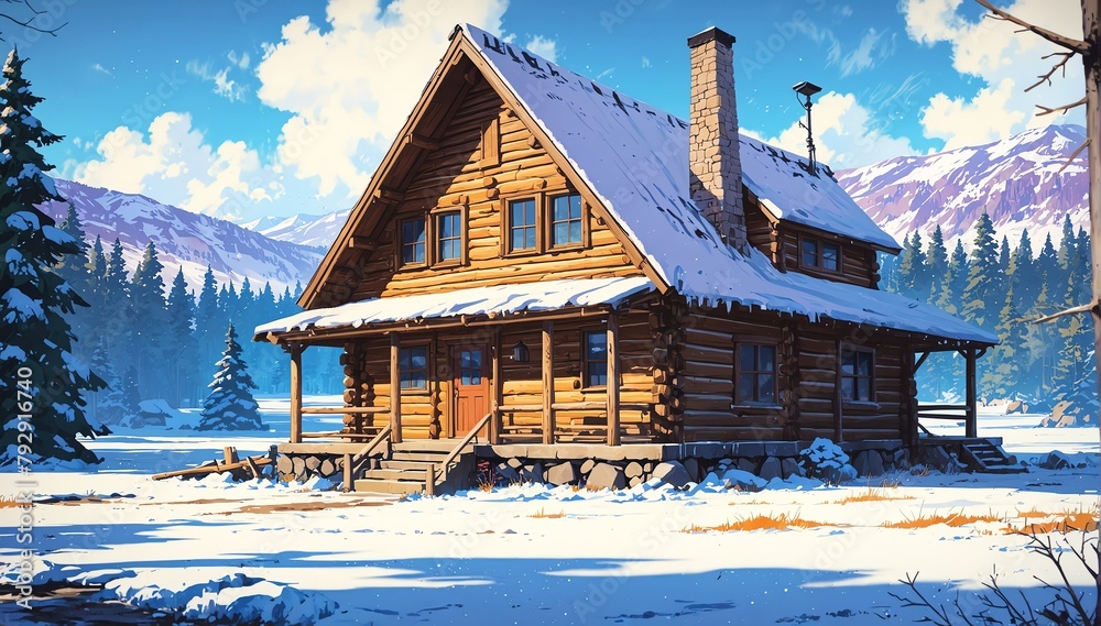log cabin house winter in landscape anime cartoon illustration from ...
