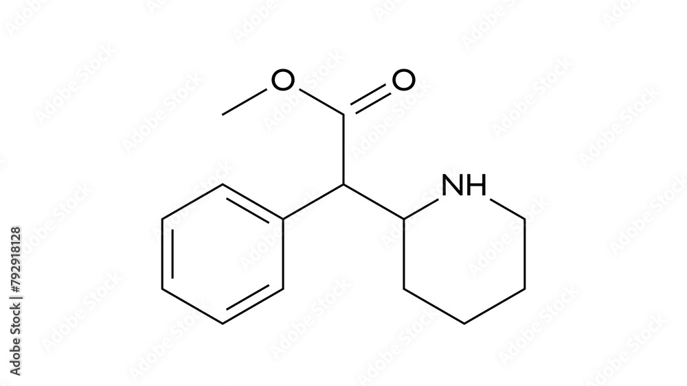 dexmethylphenidate molecule, structural chemical formula, ball-and ...