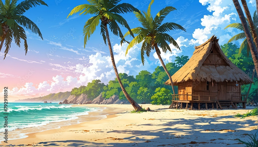 nipa hut on beach in landscape anime cartoon illustration from ...