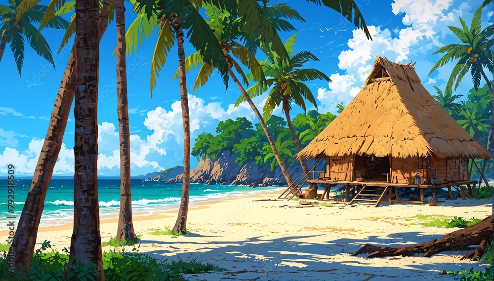 nipa hut on beach in landscape anime cartoon illustration from ...