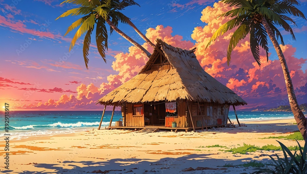 nipa hut on beach sunset in landscape anime cartoon illustration from ...
