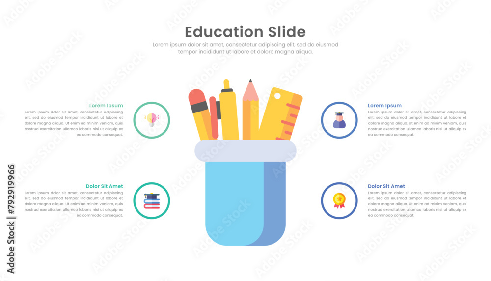 Education slide infographic template with 4 point stage and icons for ...