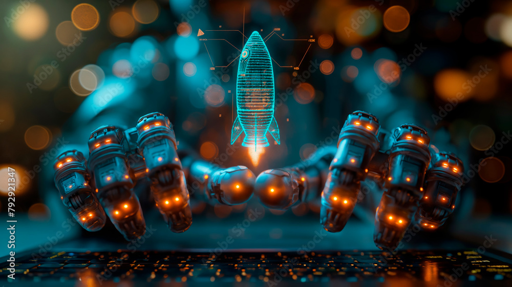 Two advanced robotic arms are depicted interacting with a holographic ...