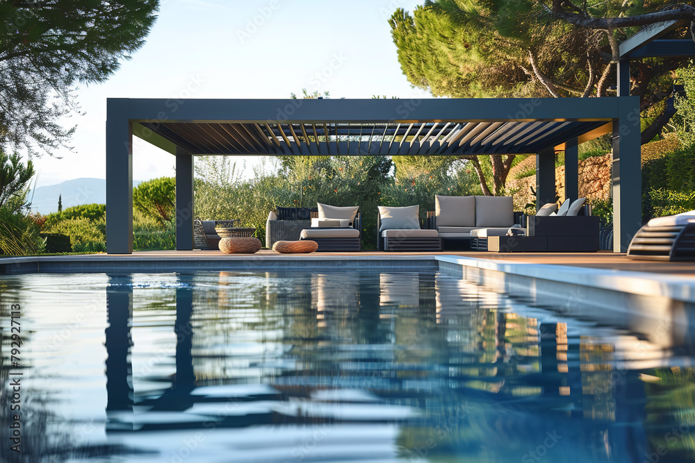 A luxury poolside under a bioclimatic pergola adjusts from sunbathing ...