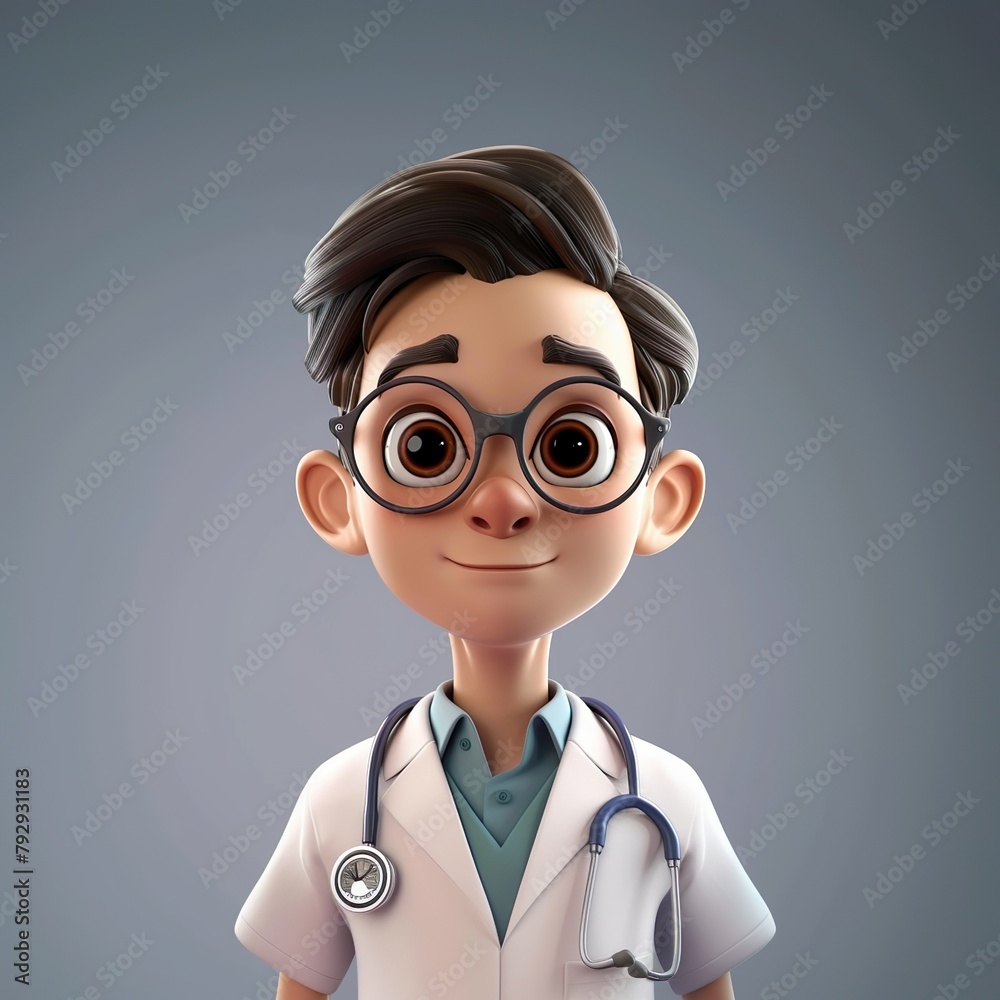 A cheerful, animated young doctor cartoon character with glasses and a ...