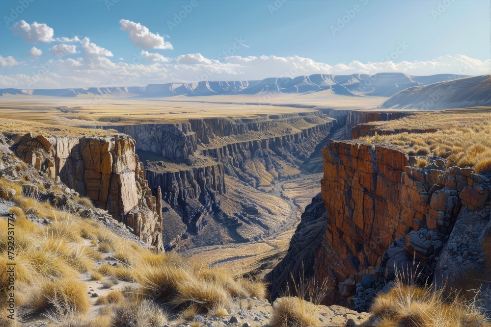 Vast Canyon Landscape with Rugged Cliffs and Golden Prairie Under a ...
