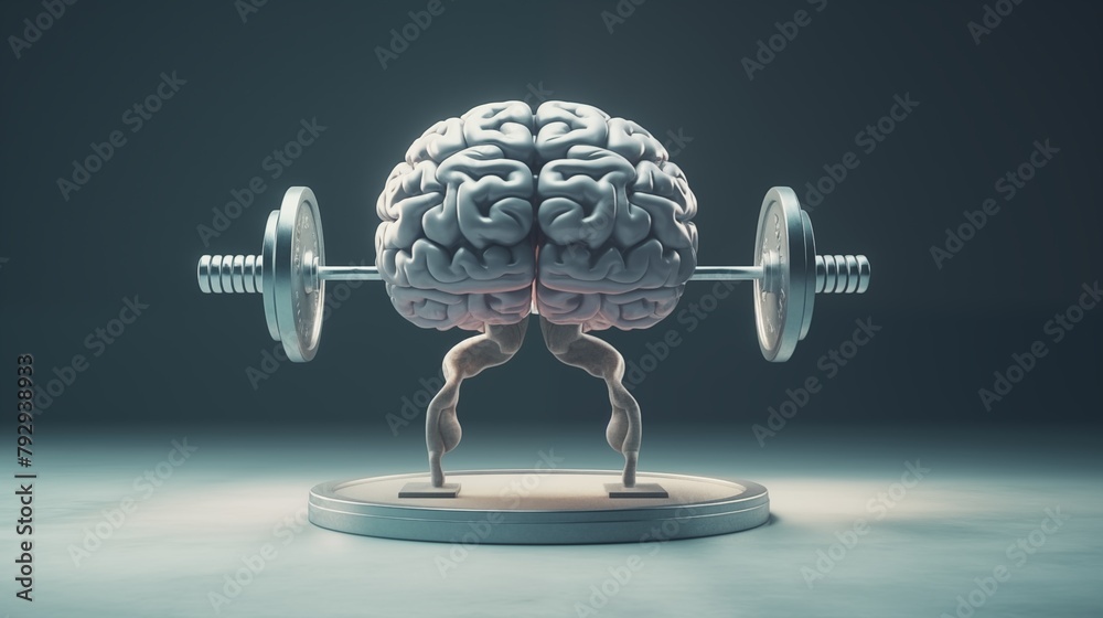 Human brain made of steel lifting a heavy dumbbell. Mind training ...