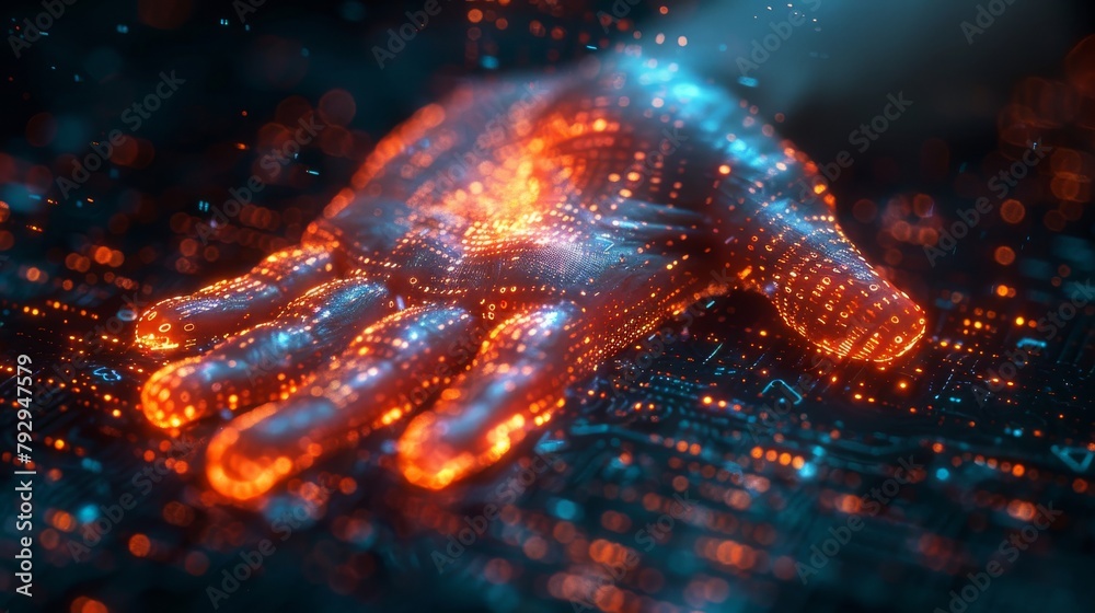 Cyber identification concept with digital handprints and binary code background Stock ...